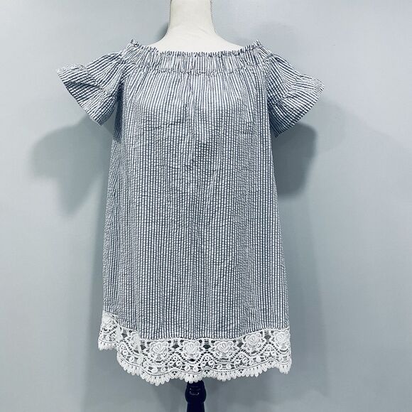 LOFT | Dresses | Loft Beach S Blue White Seersucker Mini Dress Lace Off ...